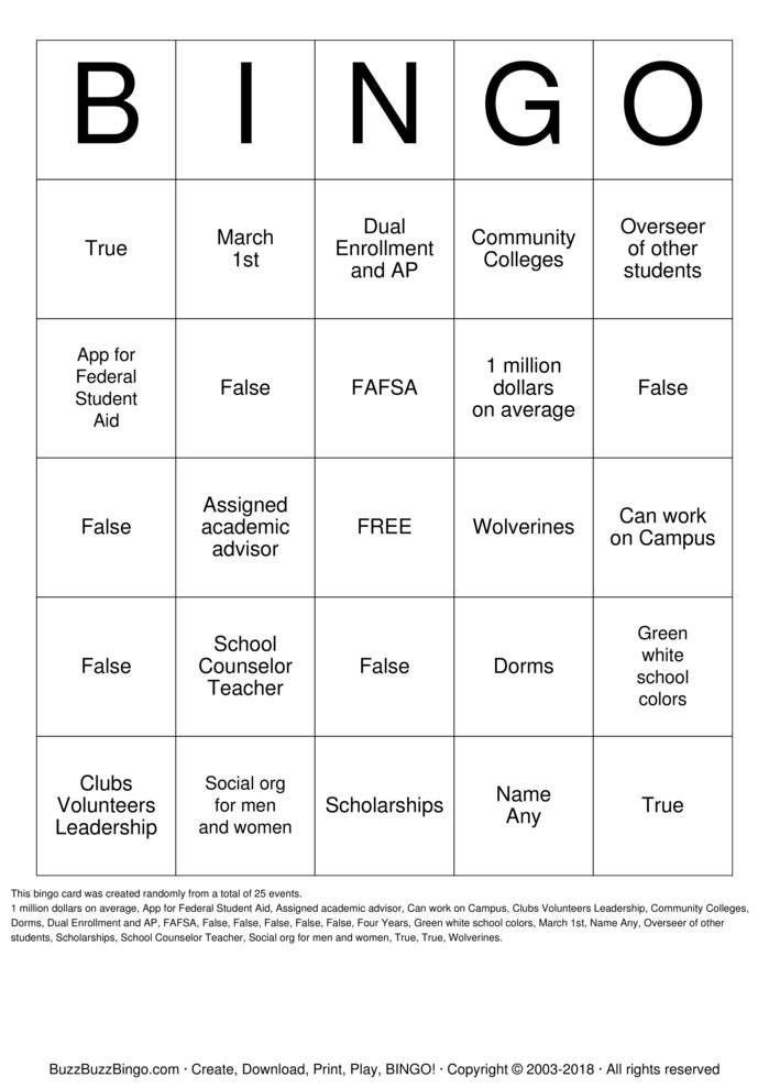 College Knowledge Bingo Cards to Download, Print and Customize!