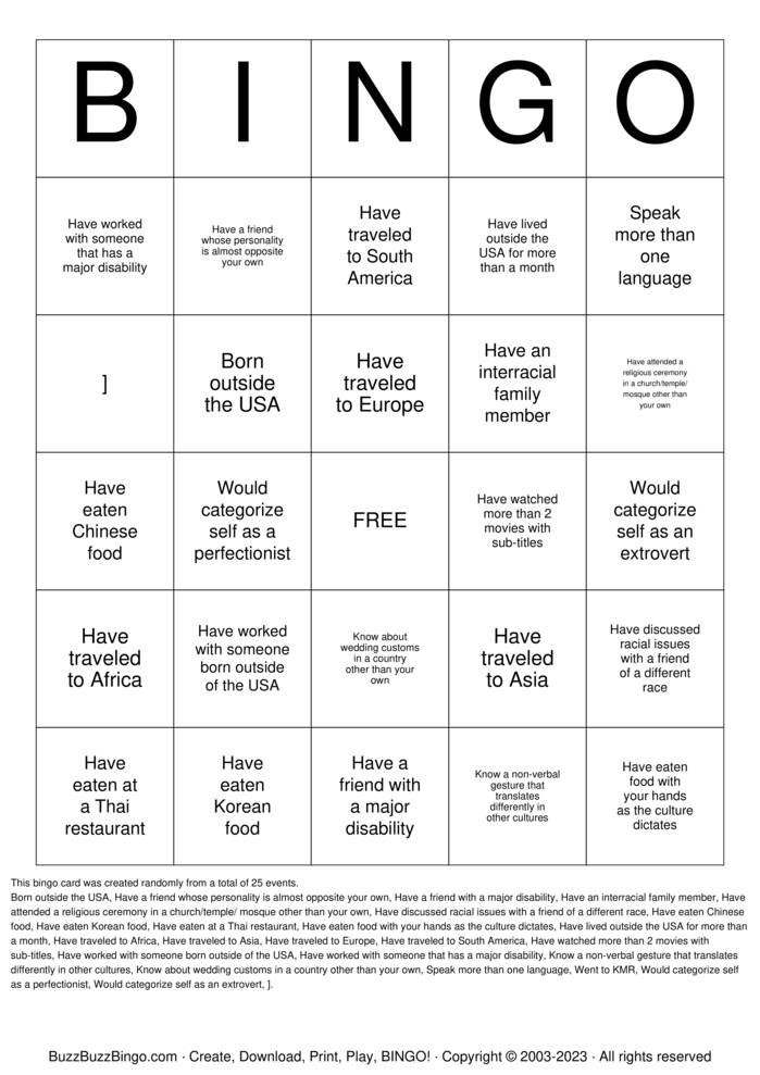 Cultural Diversity Bingo Cards to Download, Print and Customize!