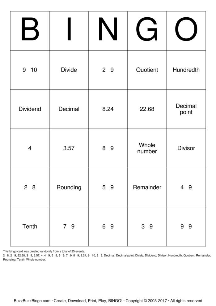 Dividing Decimals Bingo Cards to Download, Print and Customize!