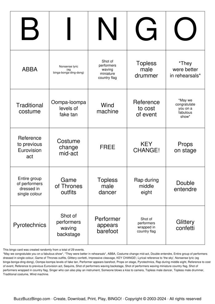 EUROVISION! Bingo Cards to Download, Print and Customize!