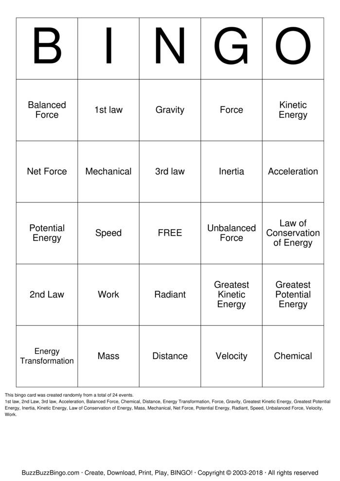 Force & Motion Bingo Cards to Download, Print and Customize!