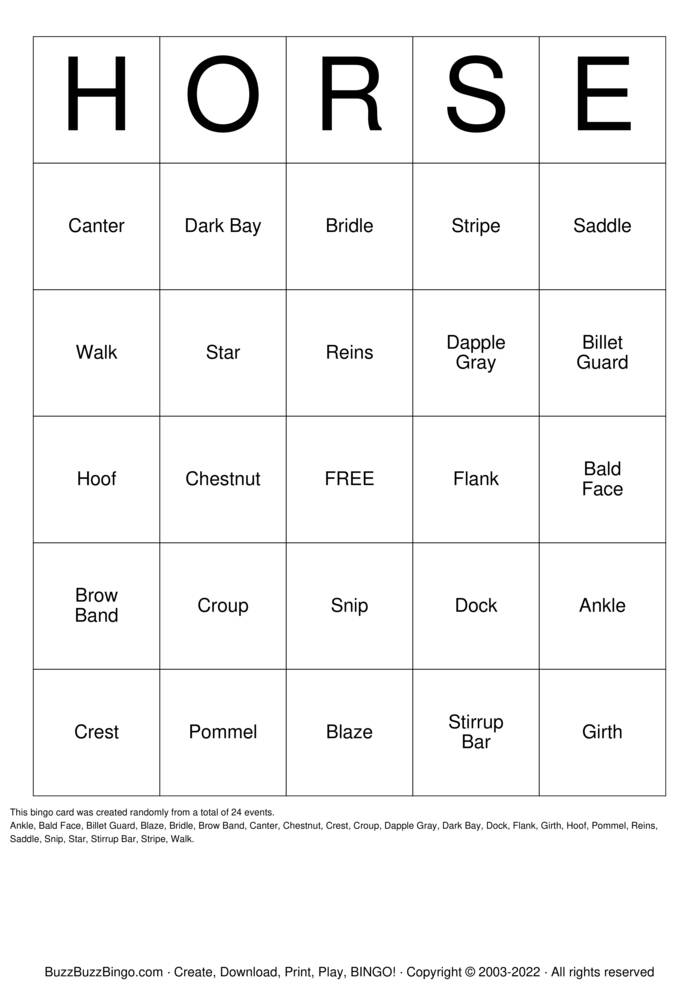 HORSE Bingo Cards to Download, Print and Customize!