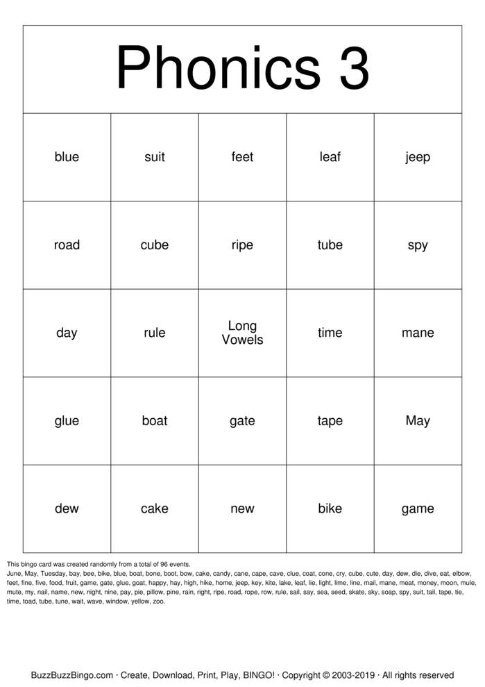 Long Vowel Bingo Bingo Cards to Download, Print and Customize!