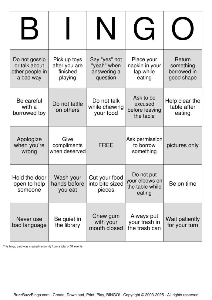 Manners Bingo Cards to Download, Print and Customize!