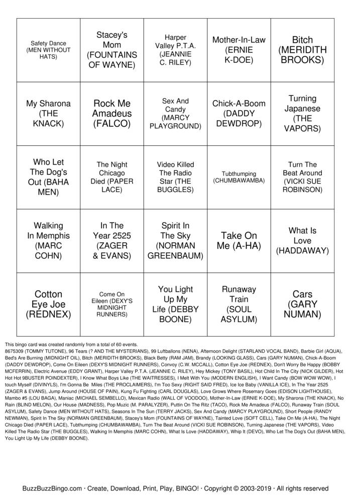 ONE HIT WONDERS Bingo Cards to Download, Print and Customize!