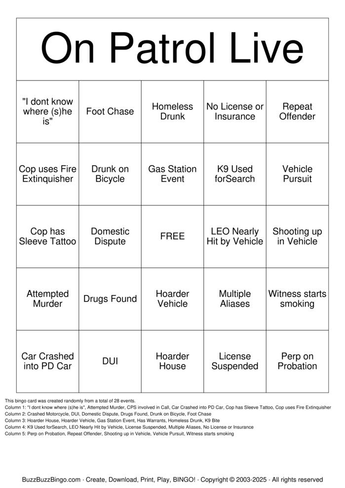 On Patrol Live Bingo Cards to Download, Print and Customize!