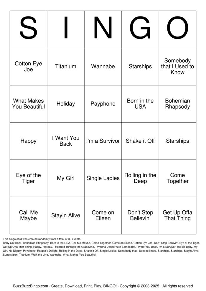SINGO - CLASSIC Bingo Cards to Download, Print and Customize!