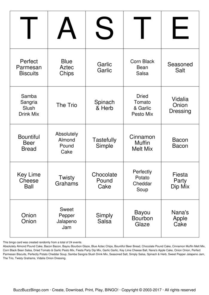 TASTE Bingo Cards to Download, Print and Customize!