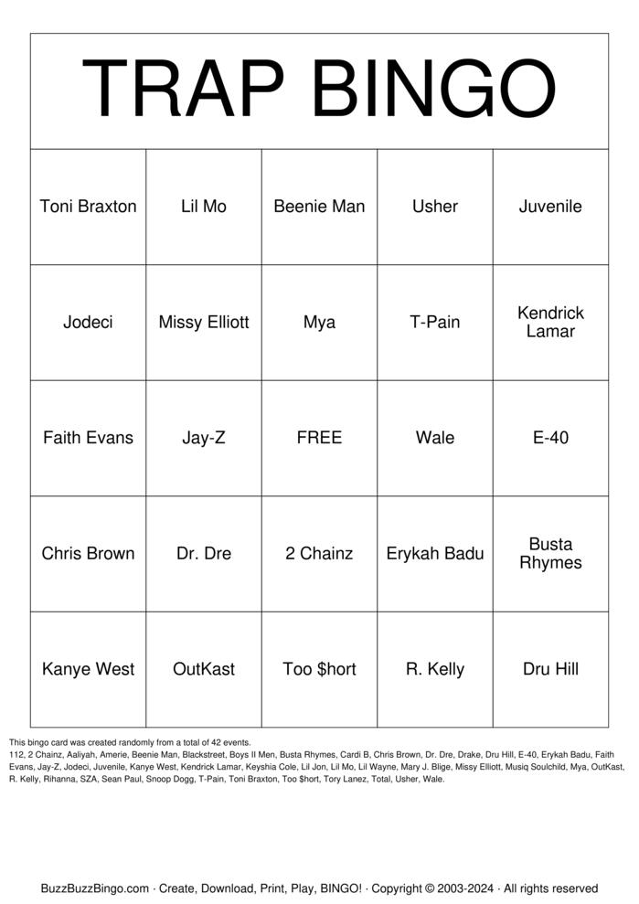 Trap BINGO Bingo Cards to Download, Print and Customize!
