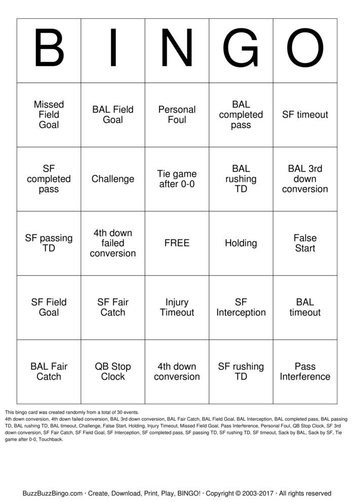 2013 Superbowl BAL vs SF Bingo Cards to Download, Print and Customize!