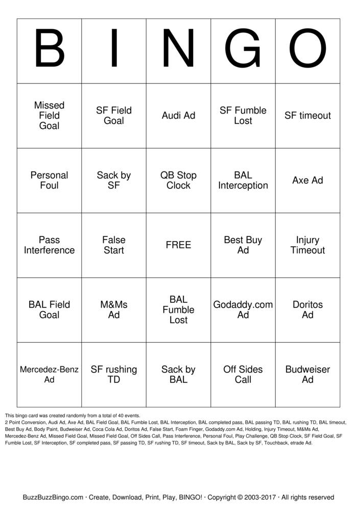 2013 Superbowl BAL vs SF Bingo Cards to Download, Print and Customize!