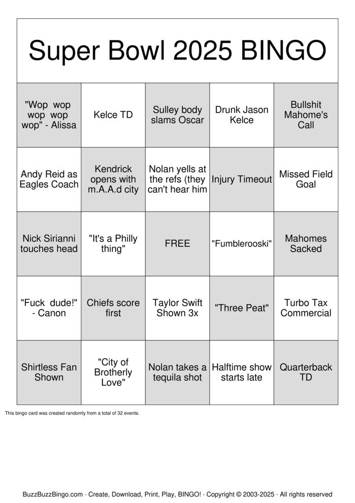 2025 Super Bowl KC vs PHI Bingo Cards to Download, Print and Customize!