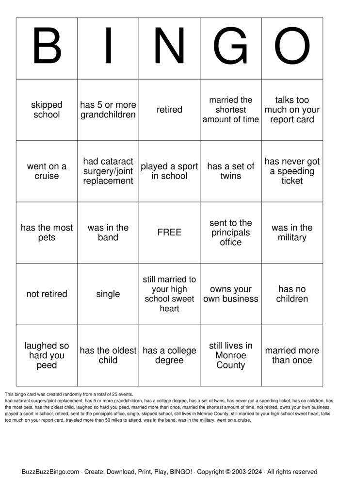 40th Class Reunion Bingo Cards to Download, Print and Customize!