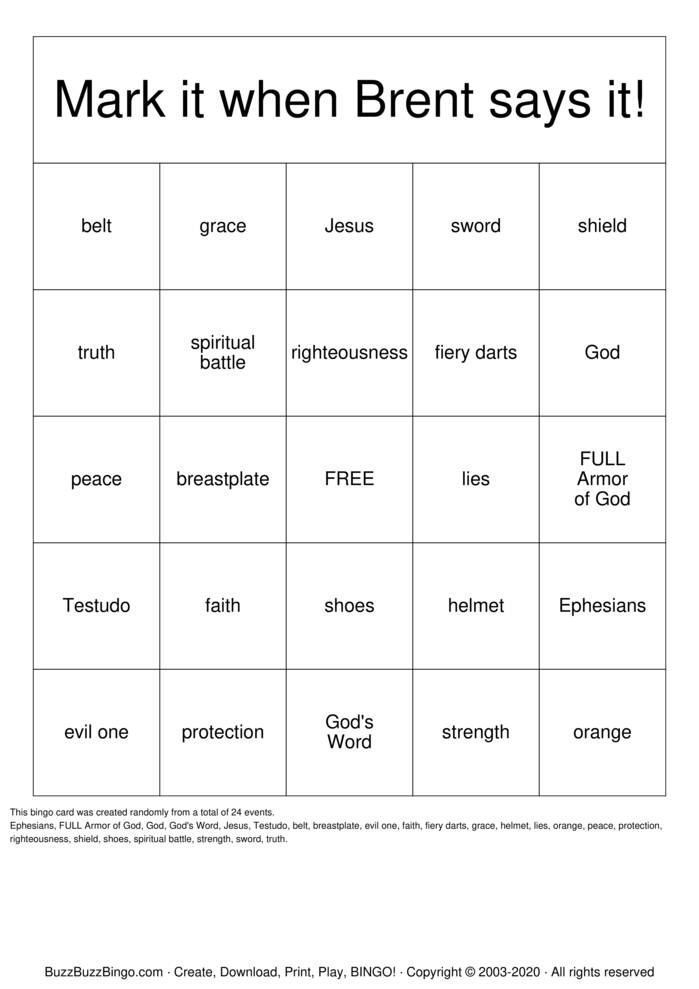 Armor of God Bingo Cards to Download, Print and Customize!