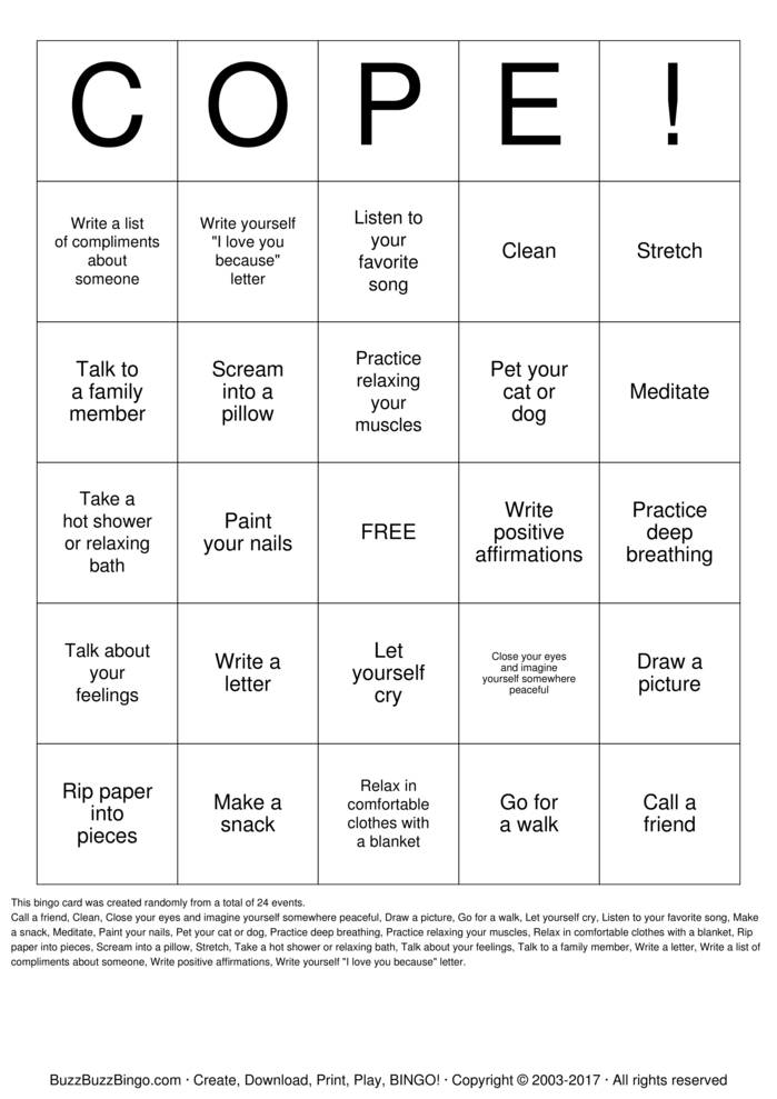 Coping Skills Bingo Cards to Download, Print and Customize!