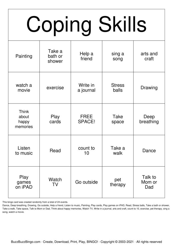 Coping Skills Bingo Cards to Download, Print and Customize!