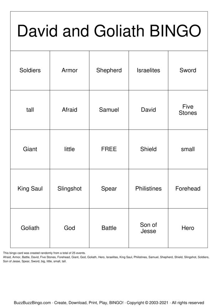 David & Goliath Bingo Cards to Download, Print and Customize!