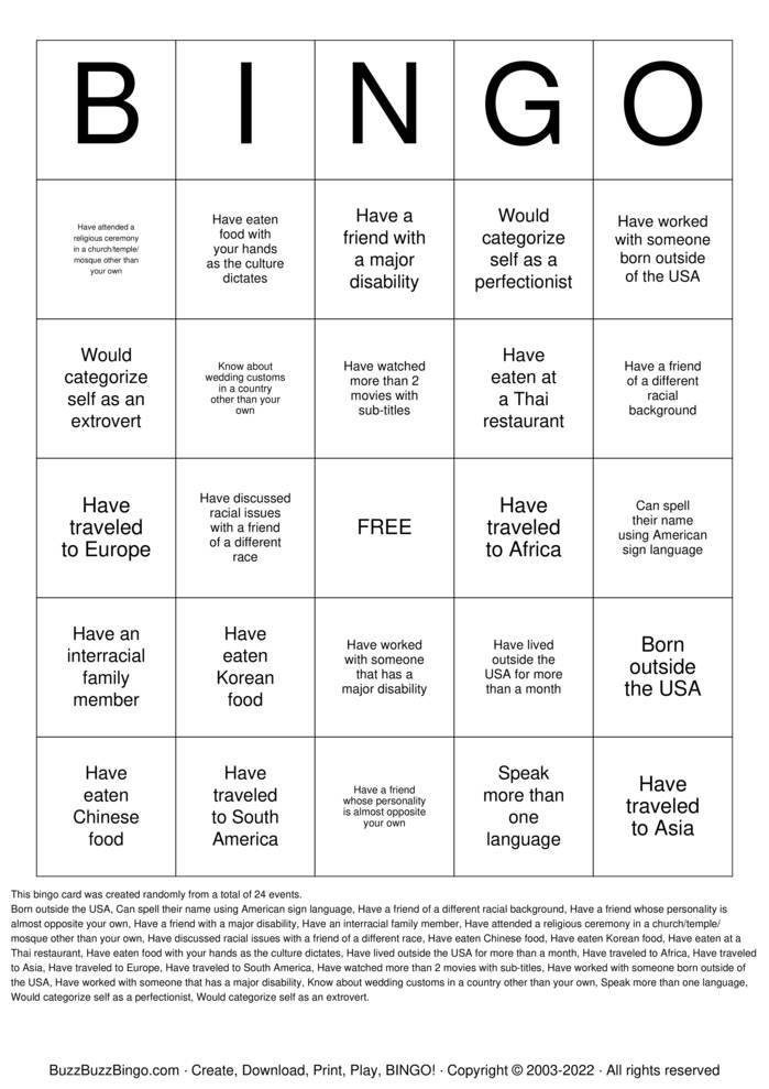 Diversity Bingo Bingo Cards to Download, Print and Customize!