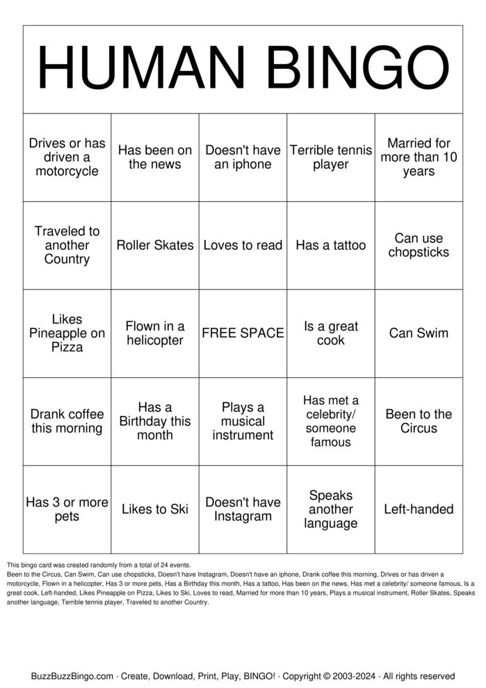 HUMAN BINGO Bingo Cards to Download, Print and Customize!
