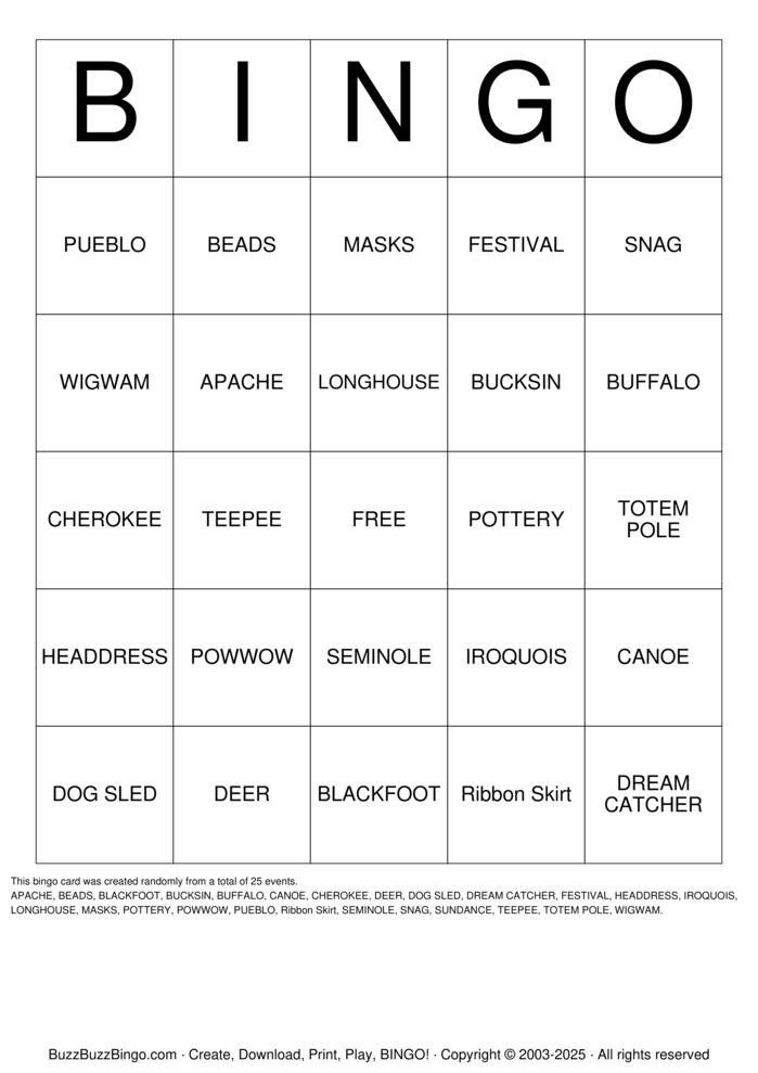 NATIVE AMERICAN Bingo Cards to Download, Print and Customize!
