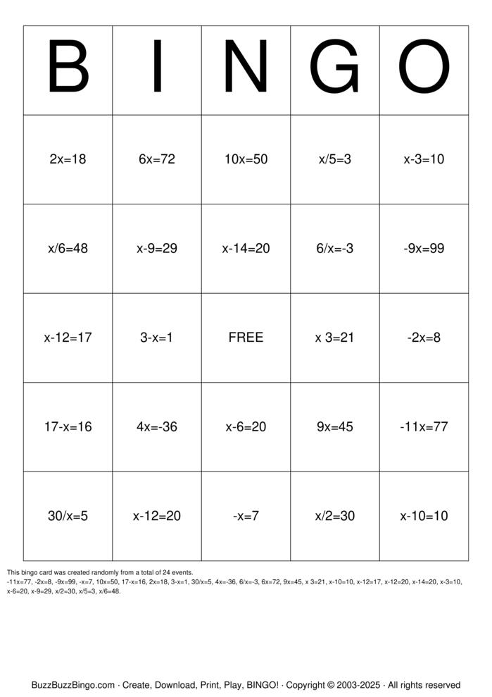 One-Step Equation Bingo Cards to Download, Print and Customize!