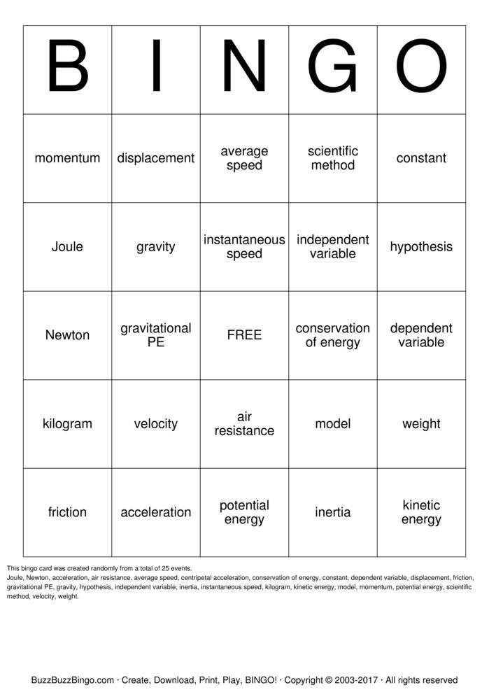PHY SCI Bingo Cards to Download, Print and Customize!