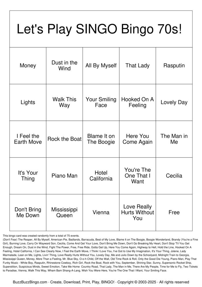 SINGO Bingo 70s Bingo Cards to Download, Print and Customize!
