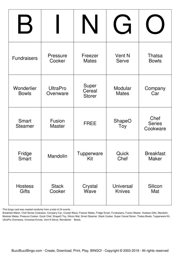 Tupperware Bingo Bingo Cards to Download, Print and Customize!