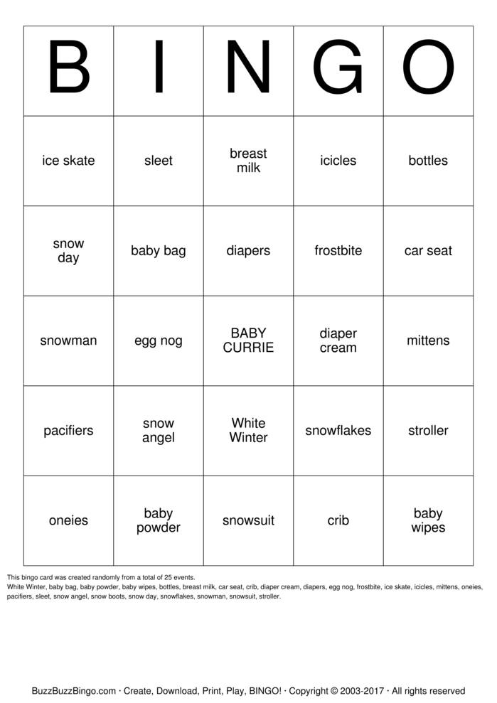 Winter White BABY SHOWEr Bingo Cards to Download, Print and Customize!