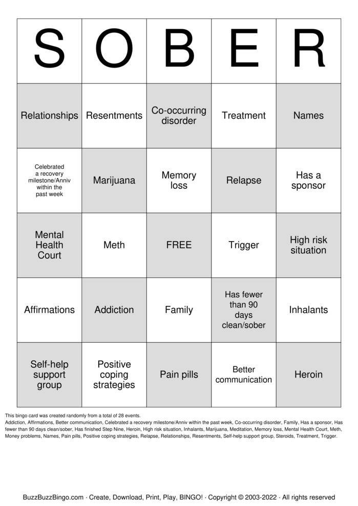 sober Bingo Cards to Download, Print and Customize!