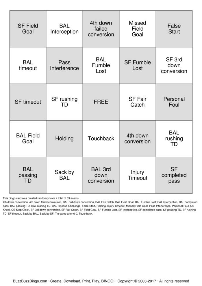 2013 Superbowl BAL vs SF Bingo Cards to Download, Print and Customize!