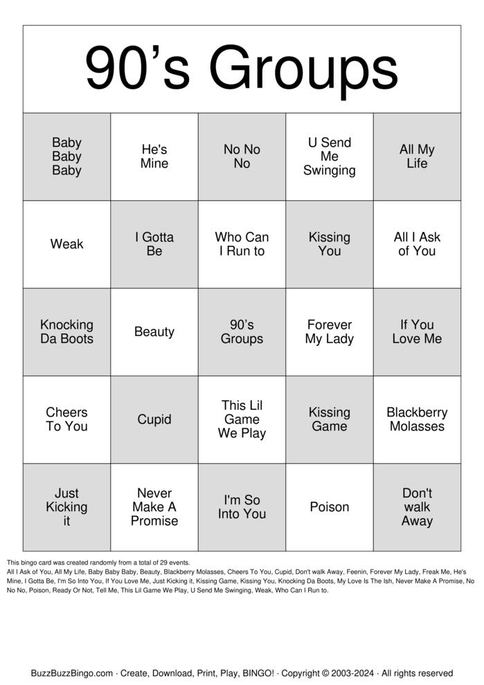 90's Groups Call Sheet Bingo Cards to Download, Print and Customize!