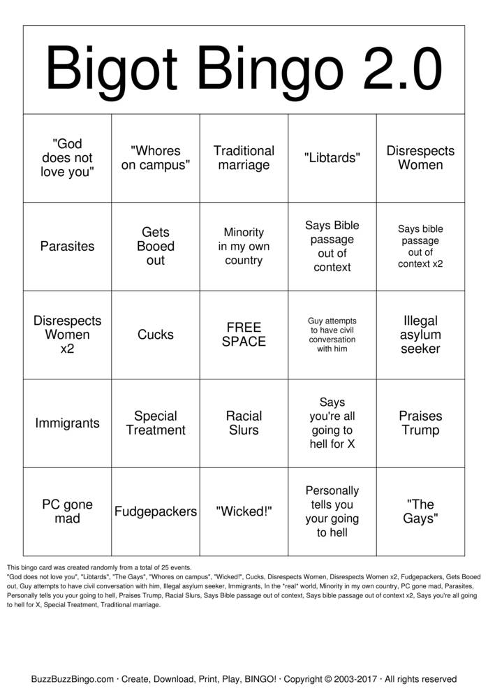 BIGOT BINGO Bingo Cards to Download, Print and Customize!