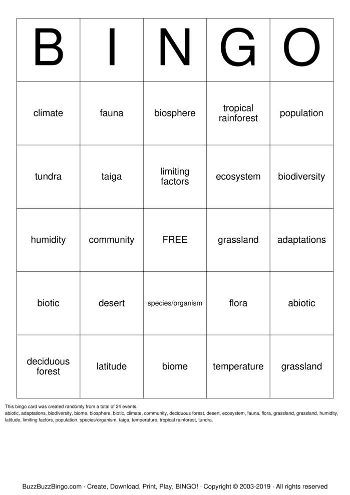 Biomes and Ecosystems Bingo Bingo Cards to Download, Print and Customize!