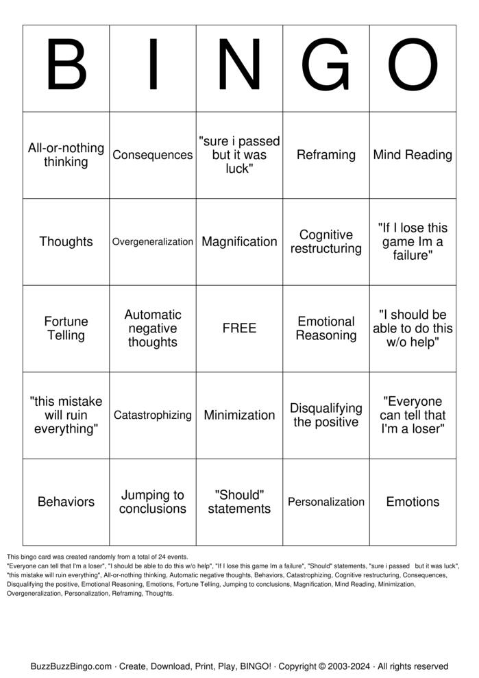 Cognitive Distortions Bingo Cards to Download, Print and Customize!