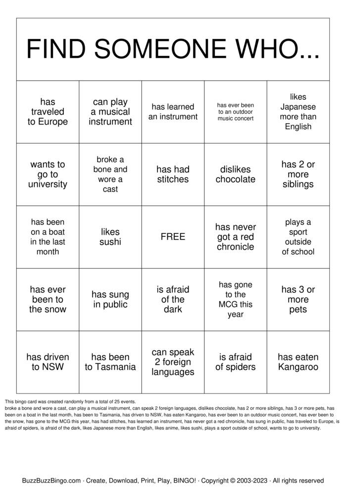 Find Someone Who... Bingo Cards to Download, Print and Customize!