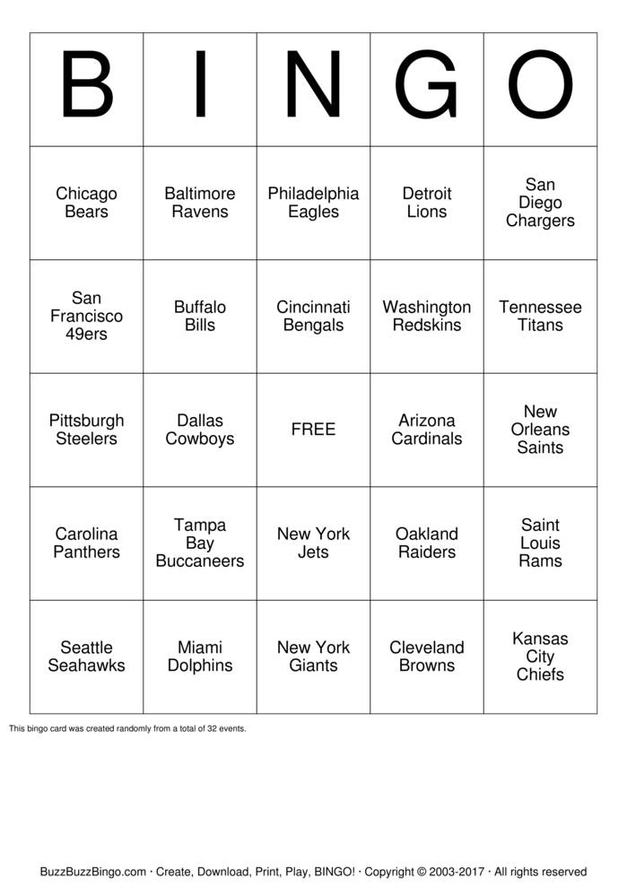 Football Team Names Bingo Cards To Download Print And Customize 