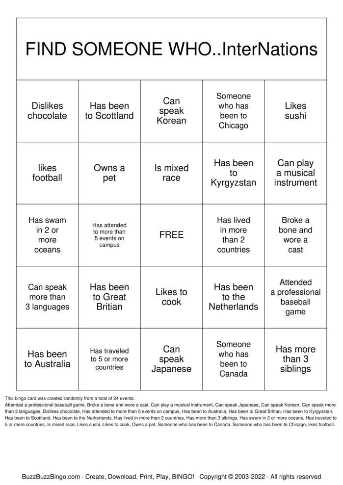 Human Bingo: International Edition Bingo Cards to Download, Print and ...