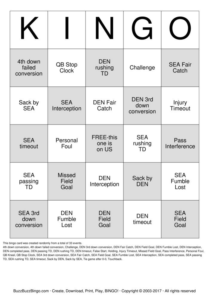Kings' Superbowl Bingo Bingo Cards to Download, Print and Customize!