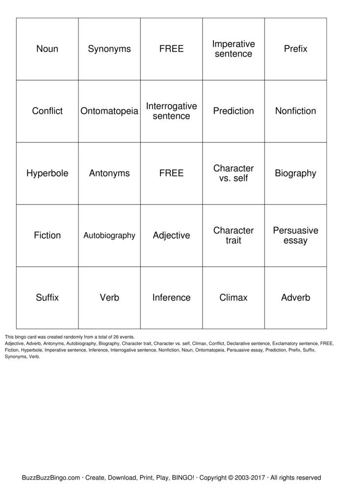 Language Arts Bingo Cards to Download, Print and Customize!