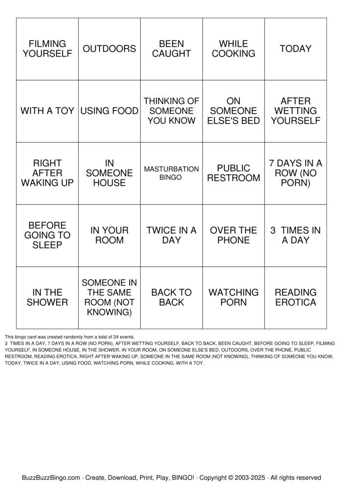 MASTURBATION BINGO Bingo Cards to Download, Print and Customize!