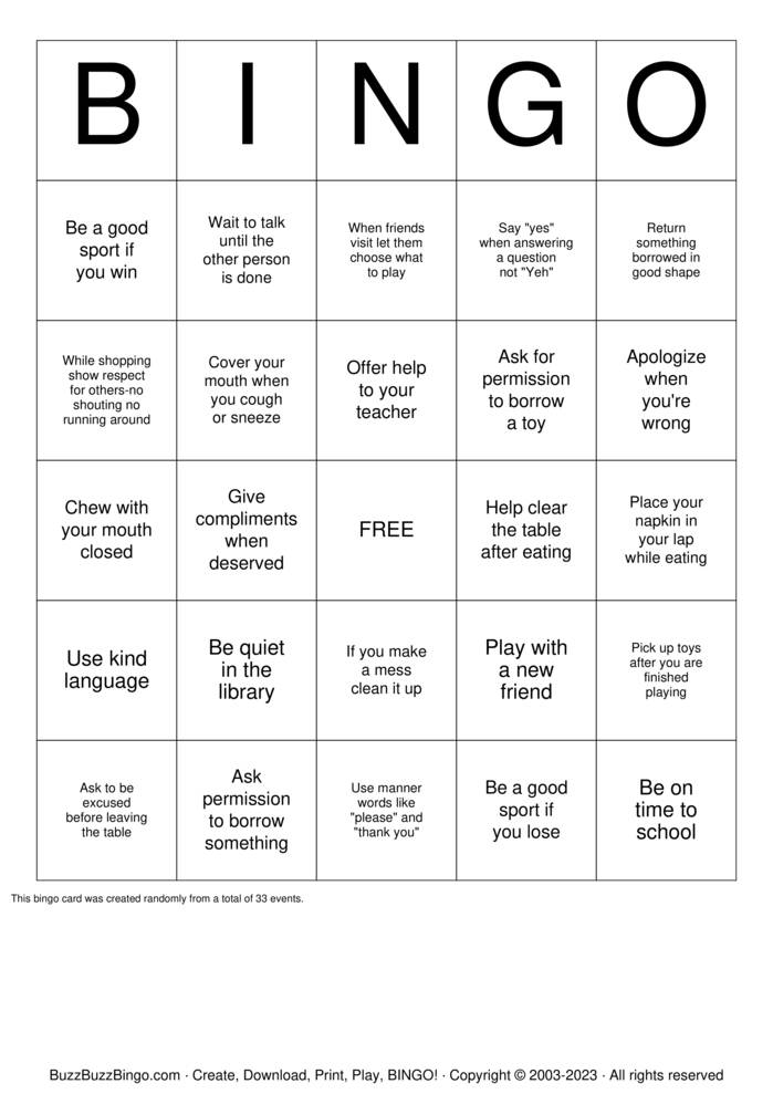 Manners Bingo Cards to Download, Print and Customize!
