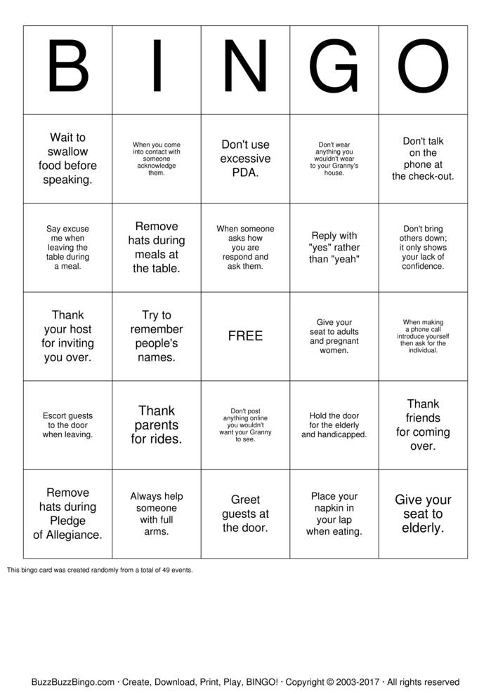 Manners Bingo Cards to Download, Print and Customize!