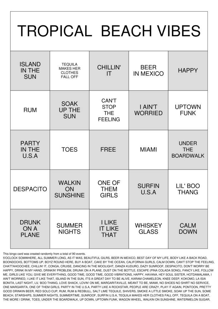 NEW TROPICAL BEACH VIBES Bingo Cards to Download, Print and Customize!