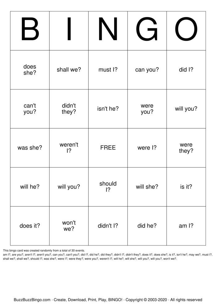 Question Tags Bingo Cards to Download, Print and Customize!
