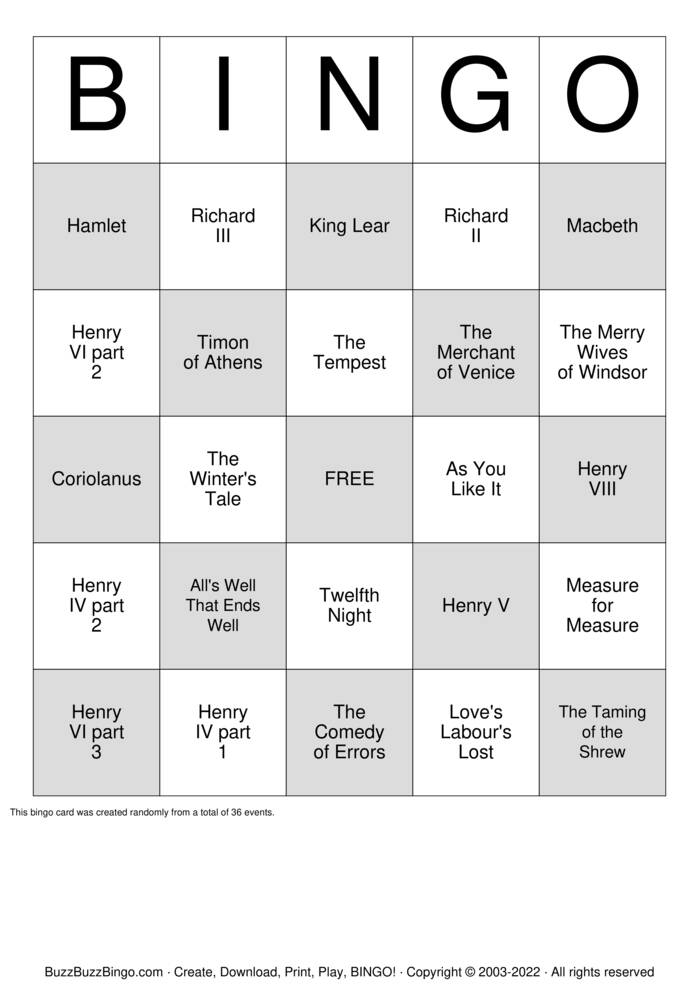 Romeo and Juliet Bingo Cards to Download, Print and Customize!