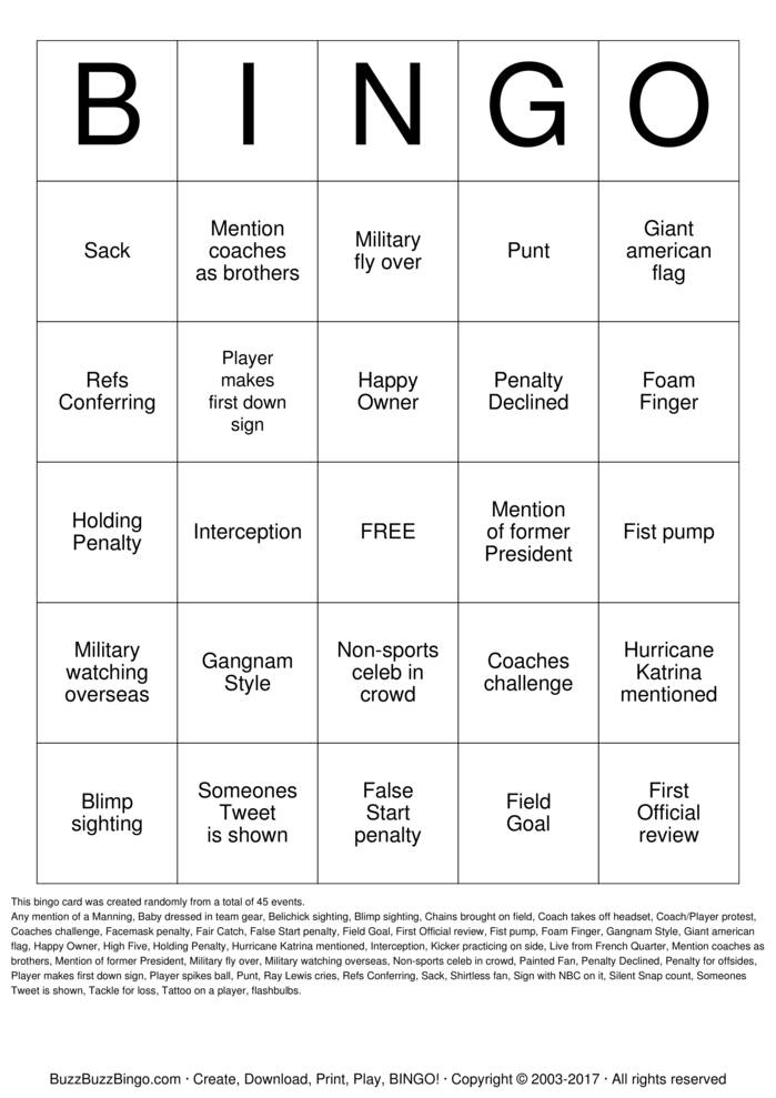 2013 Superbowl BAL vs SF Bingo Cards to Download, Print and Customize!
