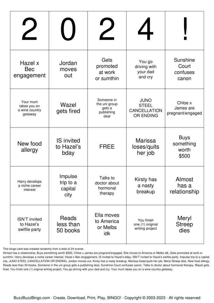 2024! Bingo Cards to Download, Print and Customize!