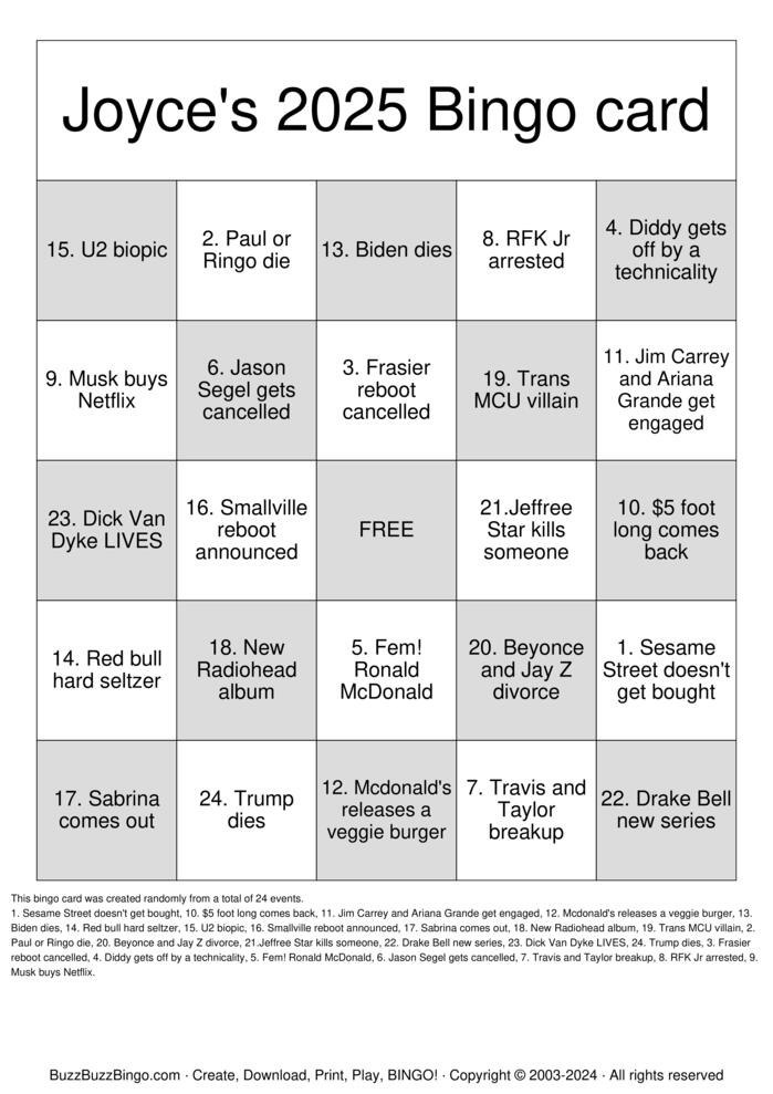 2025! Bingo Cards to Download, Print and Customize!