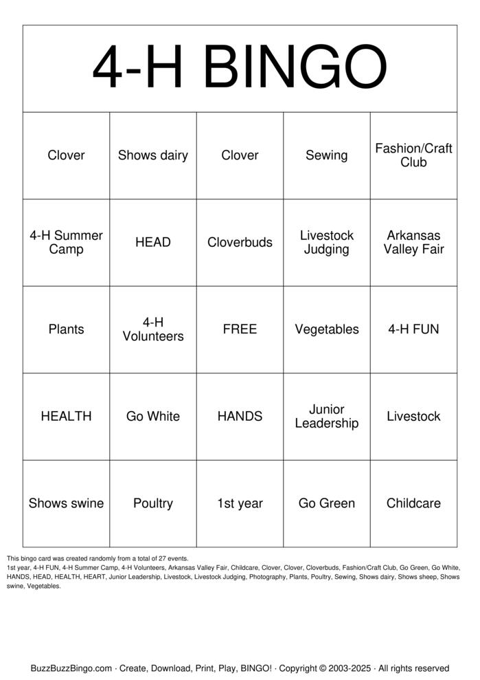 4H Bingo Bingo Cards to Download, Print and Customize!